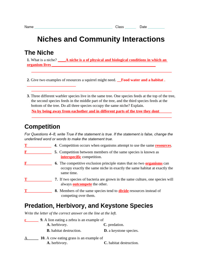Niches & Interactions Worksheet | PDF | Ecological Niche | Symbiosis
