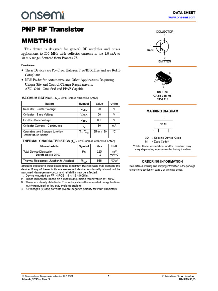 MMBTH81 PNP RF Transistor Data Sheet | PDF | Bipolar Junction ...