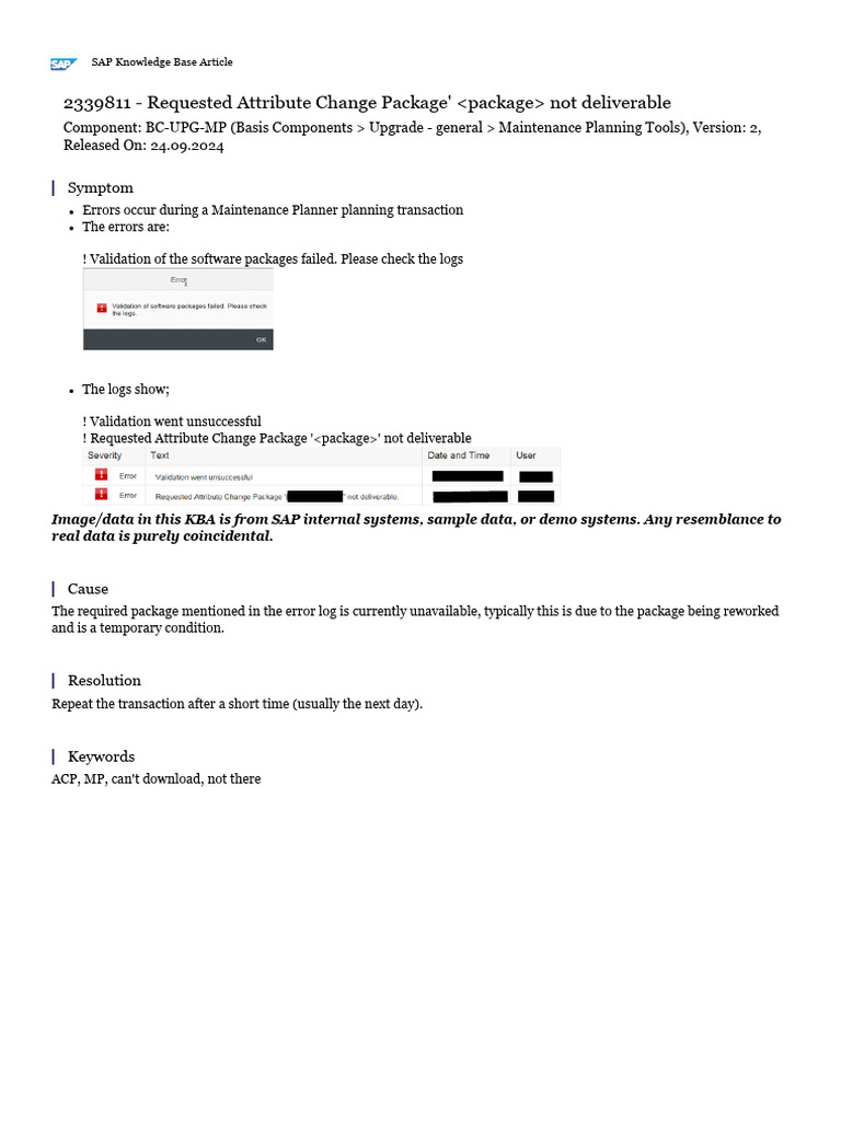 Note 2339811 - Requested Attribute Change Package Package Not Deliverable | PDF