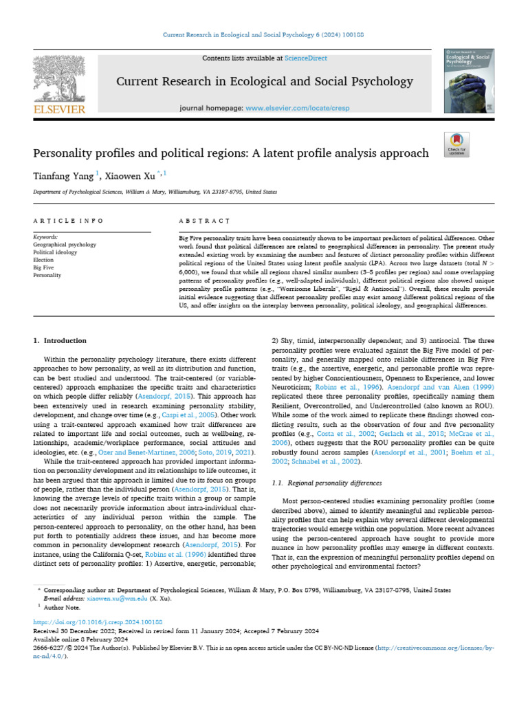 Personality Profiles and Political Regions A Latent Profile Analysis ...