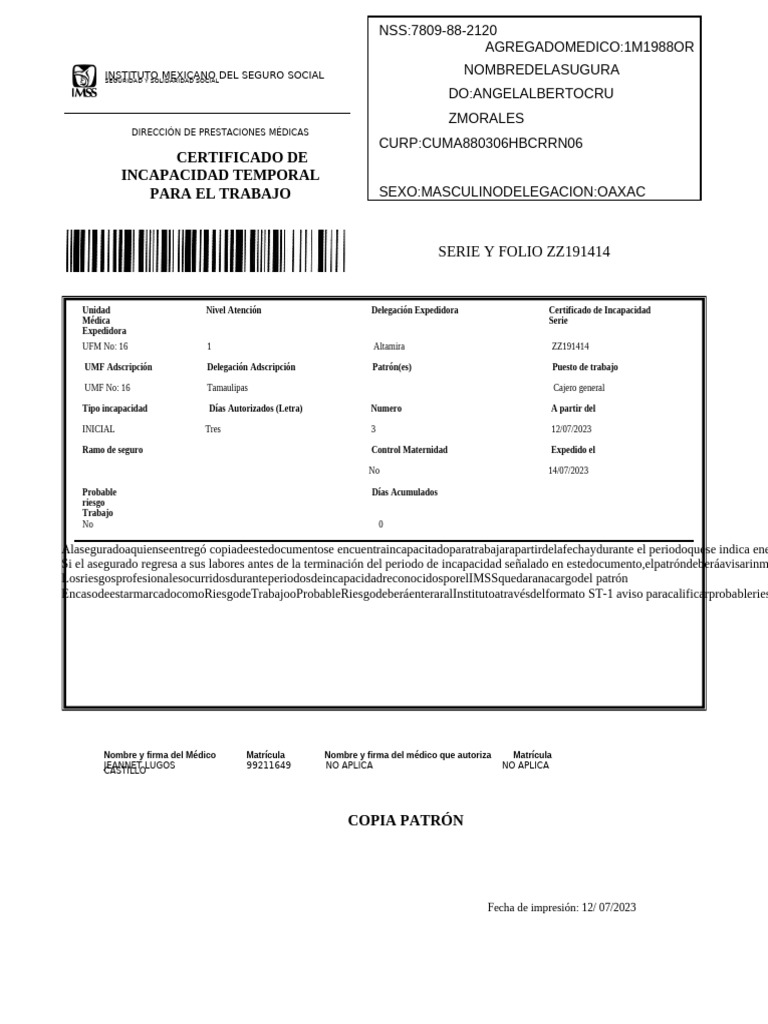 Certificado de Incapacidad Temporal IMSS | PDF