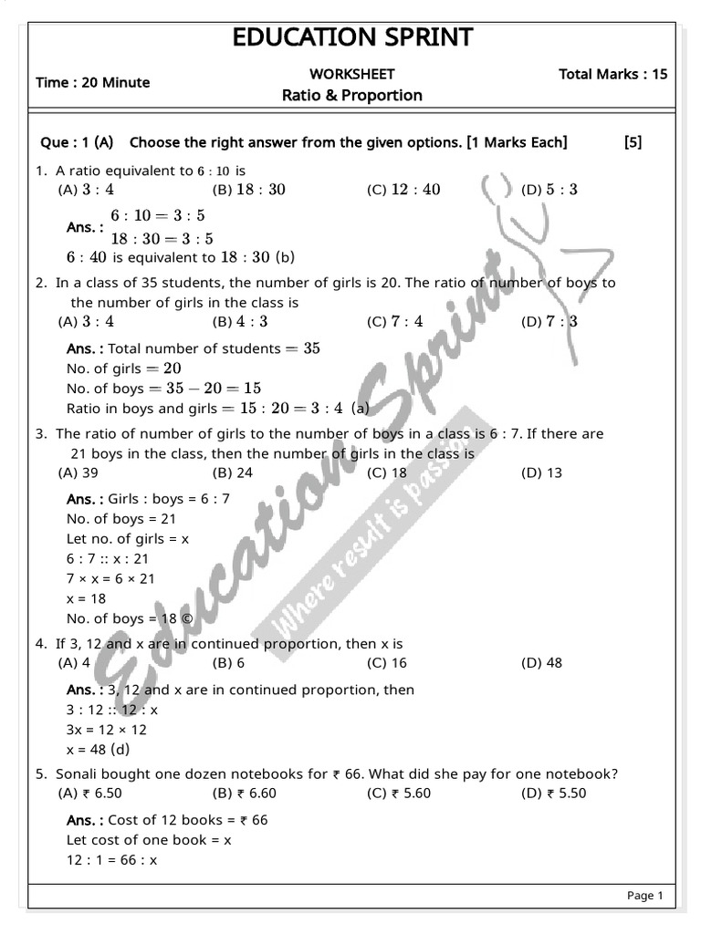 Ratio & Proportion Worksheet - Solution | PDF | Ratio
