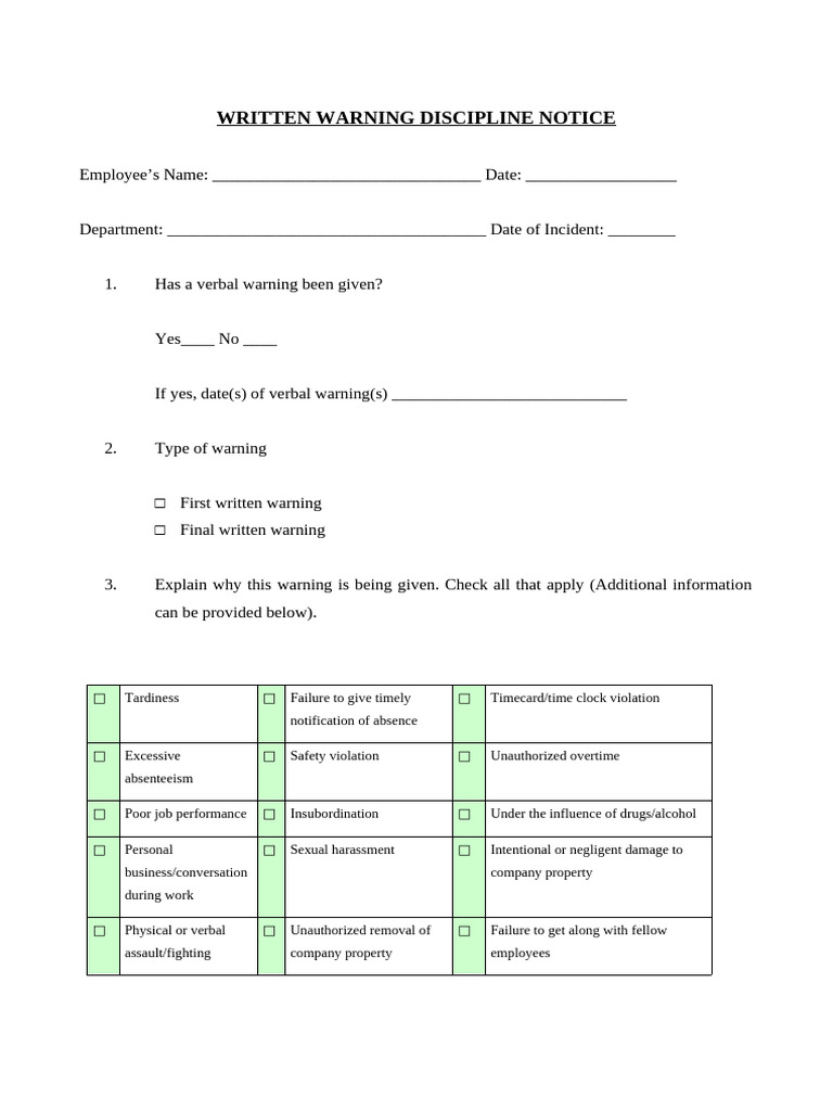 Written Warning Discipline Notice | PDF | Violence