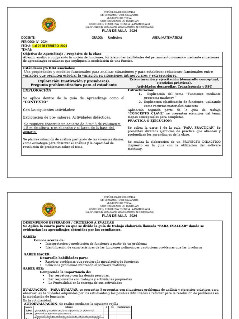 Ejemplo Formato Plan Aula-Ieta Inmaculada | PDF | Aprendizaje | Cognición