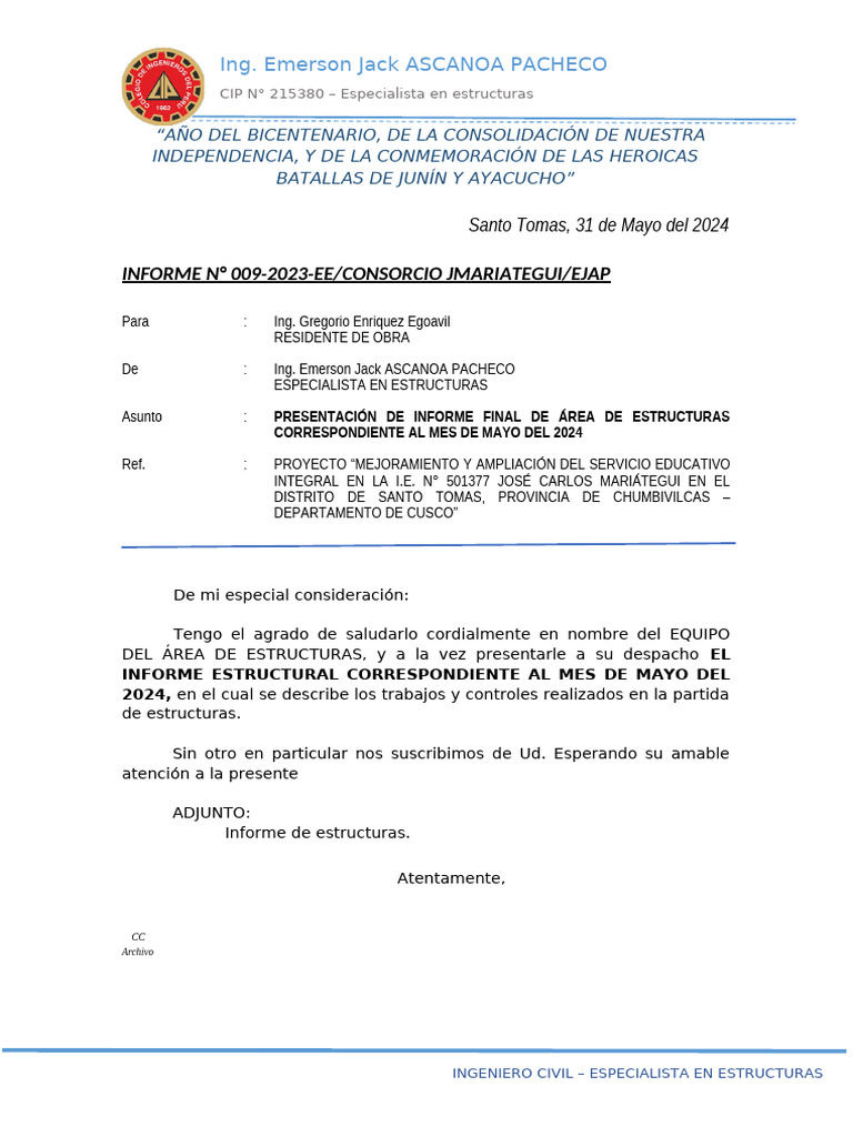 Carta de Informe de estructuras | PDF | Hormigón | Acero
