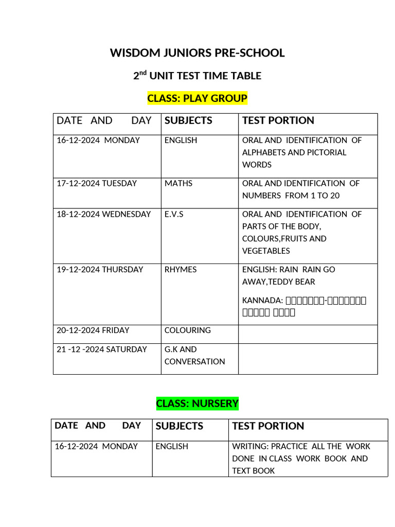 Second Unit Test Time Table | PDF | Language Families