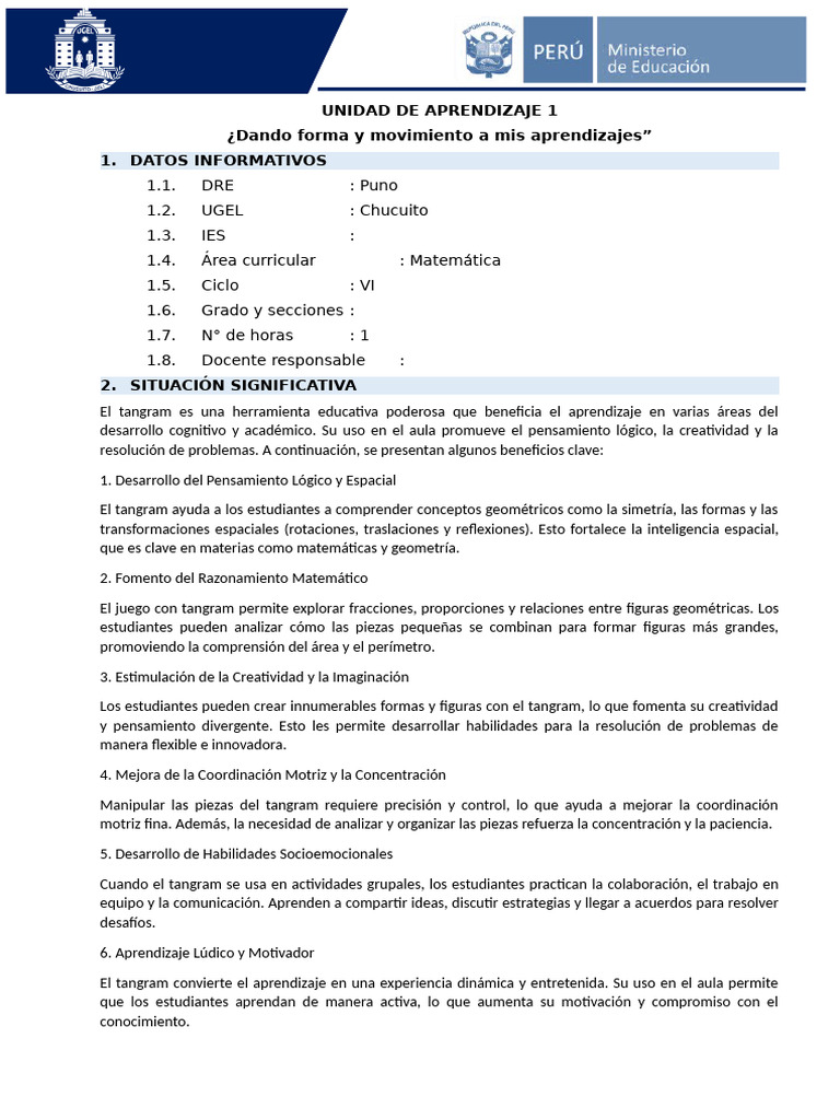 UDA Matemática 1° 2025 1 Tangram | PDF | Aprendizaje | Evaluación