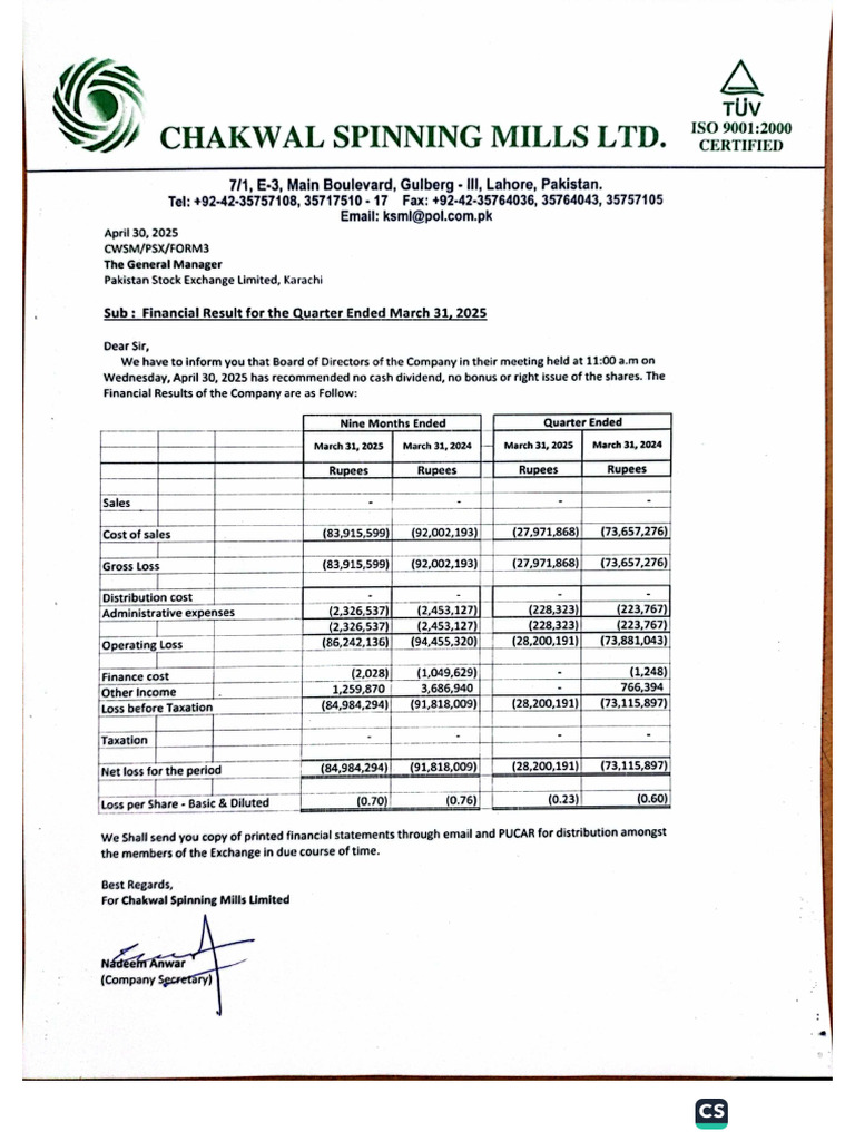 Chakwal Spinning Q1 Results | PDF