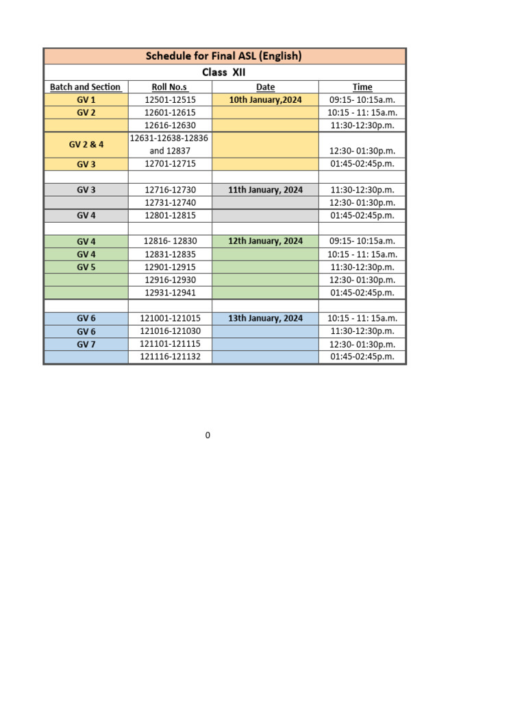 ASL and Project Viva Schedule for Class XII | PDF