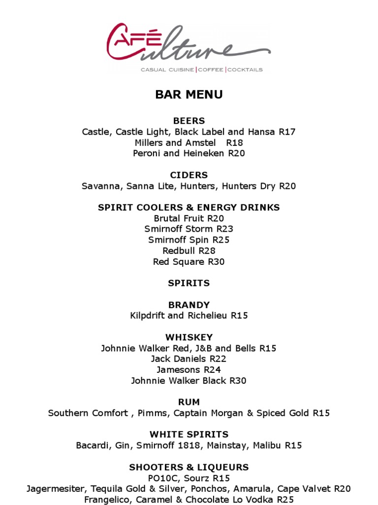 Café Culture Bar Menu Overview | PDF