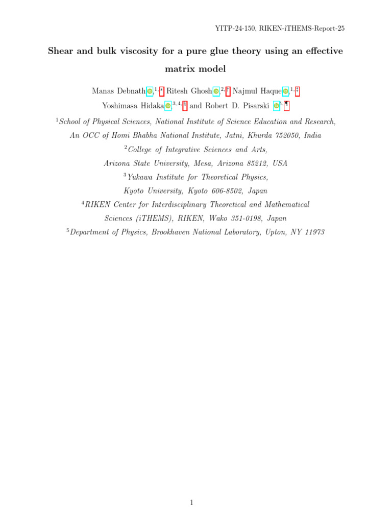 Shear and bulk viscosity for a pure glue theory using an effective matrix model | PDF | Gauge ...