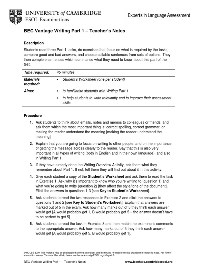 Bec V Writing Part 1 | PDF | Worksheet | Question