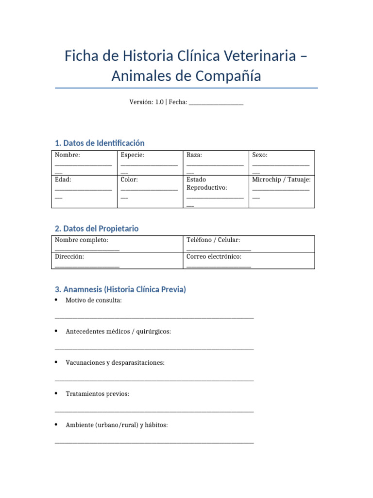 Ficha de Historia Clínica Veterinaria | PDF | Medicina | Especialidades ...