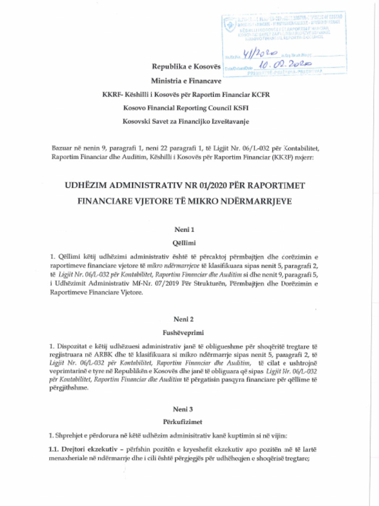 Udhzimi Administrativ Nr. 012020 PR Raportimet Financiare Vjetore T Mikro Ndrmarrjeve1707837202 ...