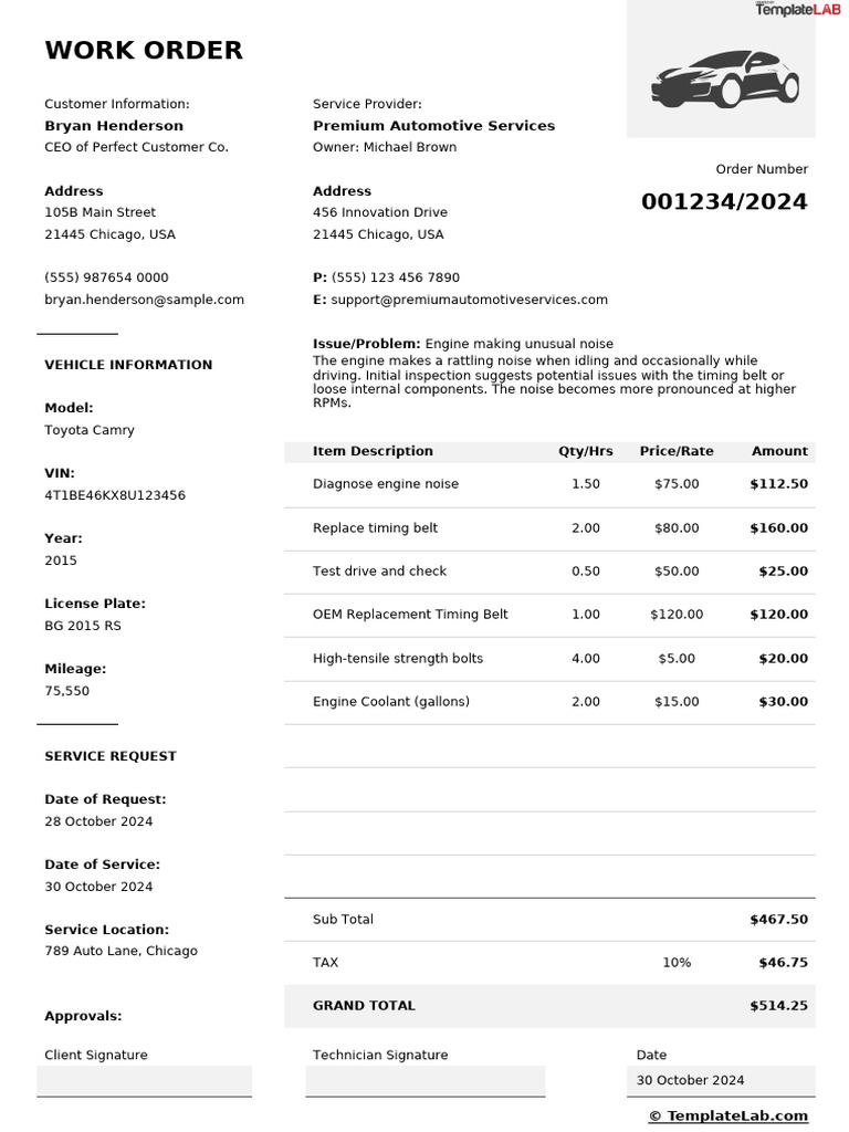 Work Order: Bryan Henderson Premium Automotive Services | PDF | Toyota ...