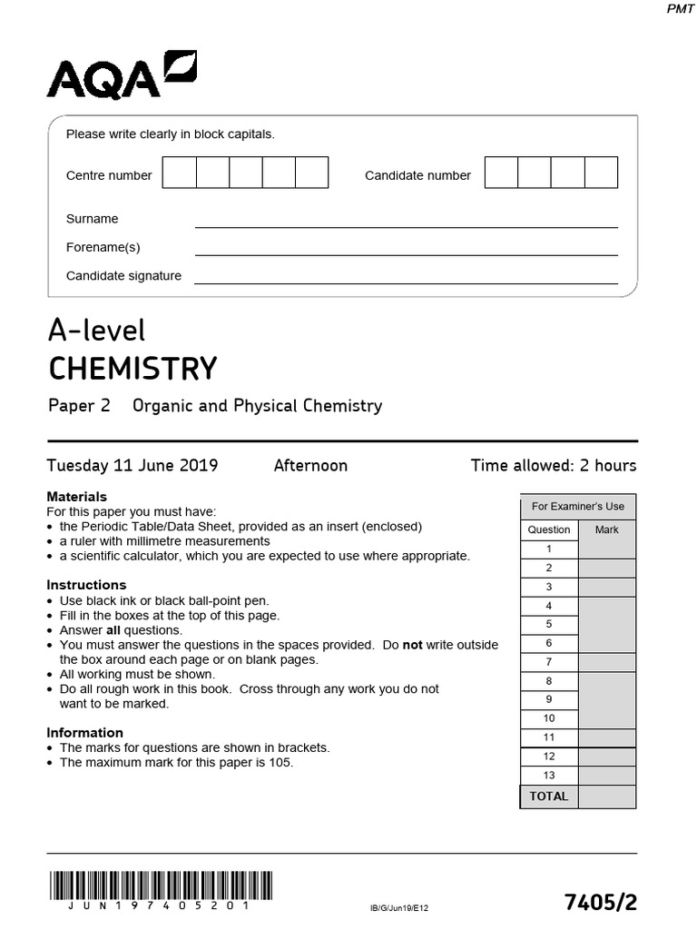 downloadChemistryA LevelPast PapersAQAPaper 2QPJune20201920QP PDF | PDF ...