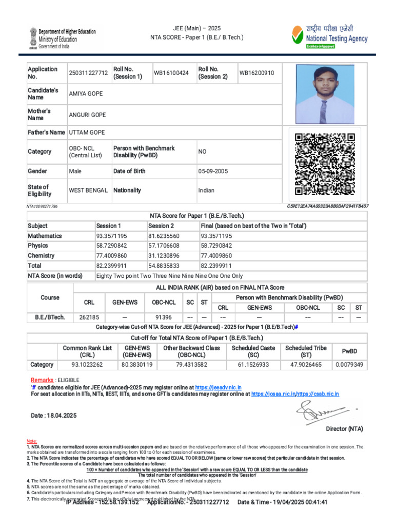 JEE Main 2025 Scorecard for Ameya Gope | PDF | Qualifications | Student ...