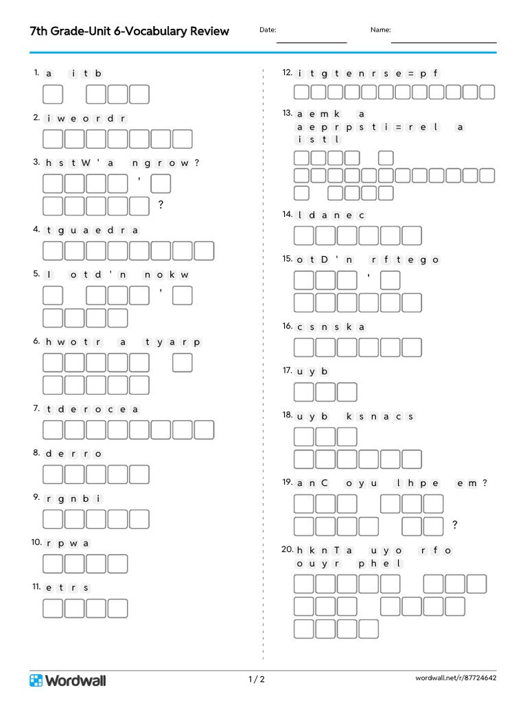 7th Grade Unit 6 Vocabulary Review Anagram | PDF