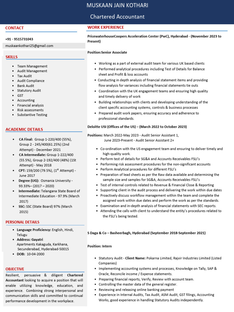 CA Muskaan Kothari Resume 2024 | PDF | Audit | Accounting