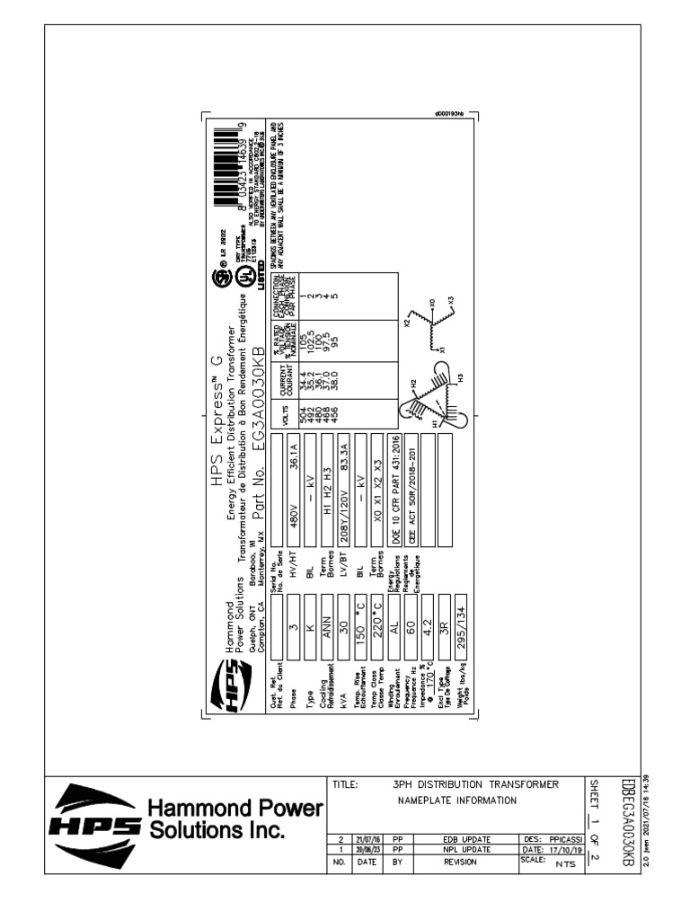 30kva Dry Type XFMR - Hps Model No. Eg3a0030kb | PDF