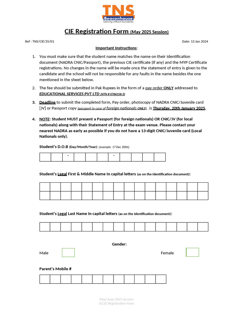 CIE Registration Form 2025 May Session | PDF | Identity Document ...