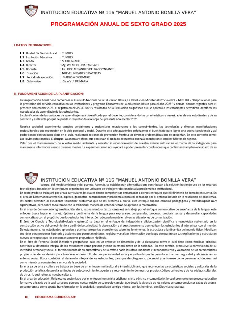 Programación Anual - 6to Grado | PDF | Aprendizaje | Enseñando