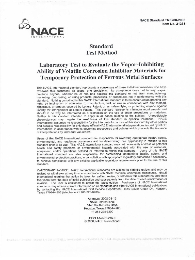 NACE Standard TM0208 (2008) - Laboratory Test To Evaluate The Vapor ...