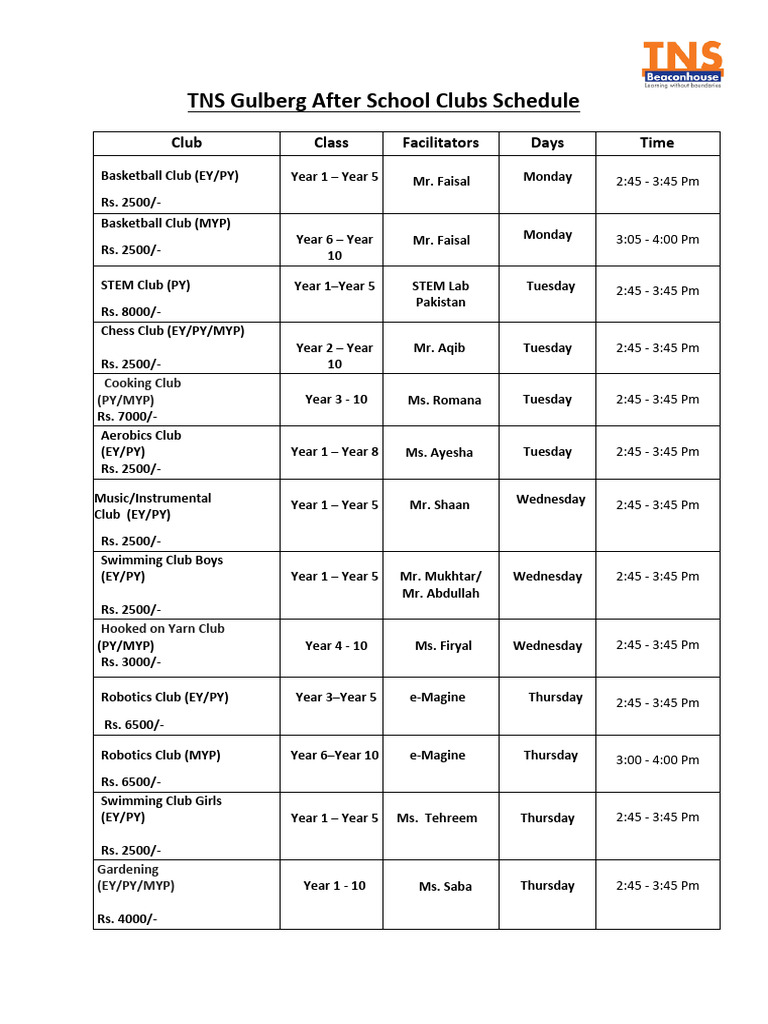 TNS Gulberg After School Clubs Schedule | PDF