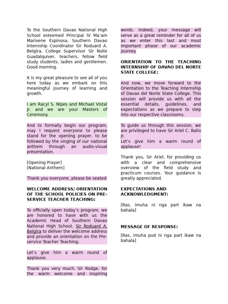 RACYL - MICHAEL - Teaching Internship Script | PDF | Learning