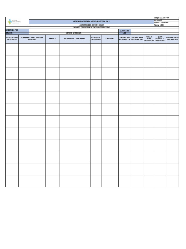 Gcl-cir-f008 Formato de Control Muestras | PDF