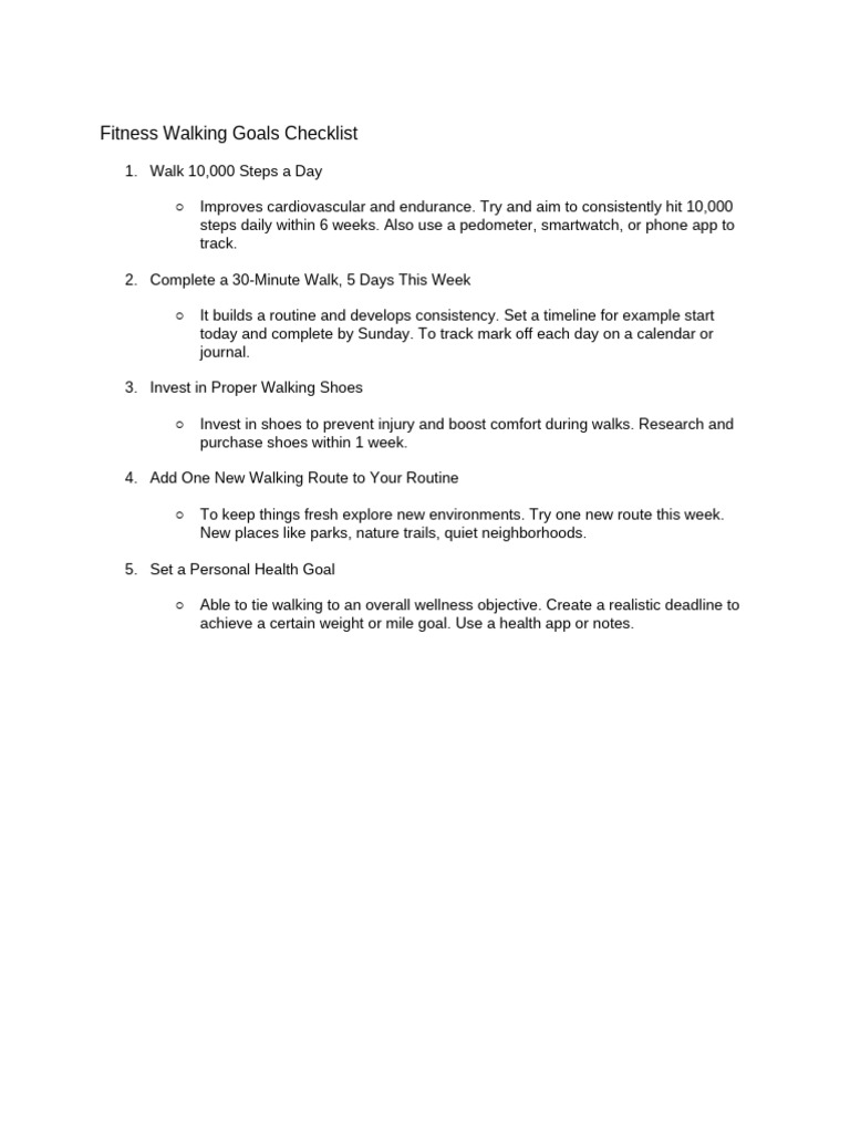 Fitness Walking Goals Checklist | PDF