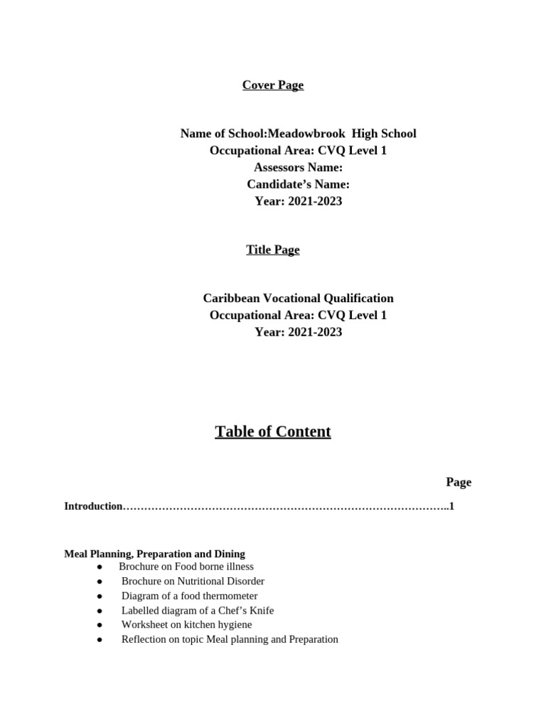 FNH 2024 Portfolio Check list | PDF | Cooking | Sandwich