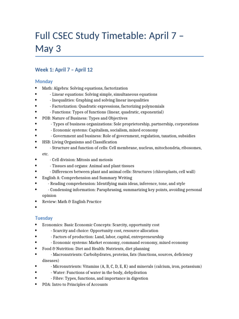 CSEC_Full_Study_Timetable | PDF | Cell (Biology) | Trigonometric Functions