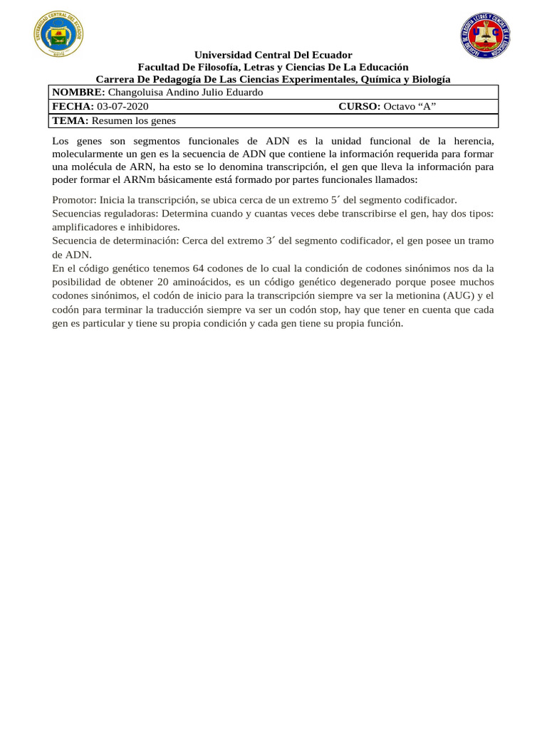 Deber 4 Resumen Genes | PDF