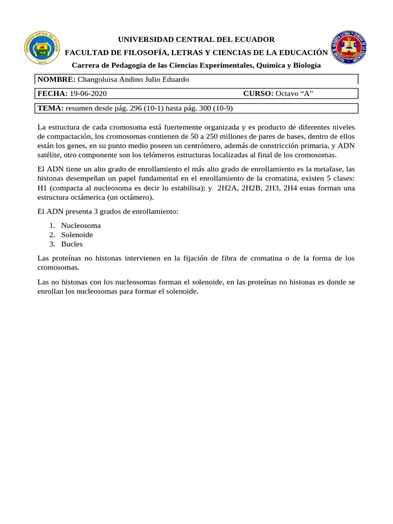 Deber 2 Resumen Cromosomas | PDF
