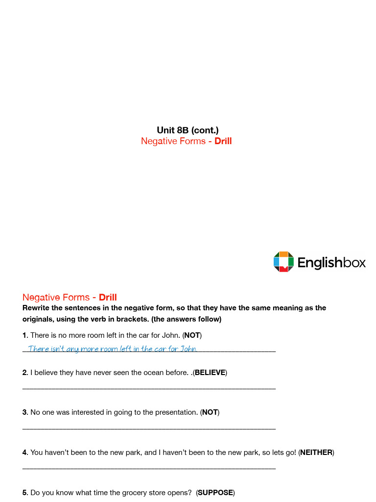 Negative Forms Practice Exercises | PDF