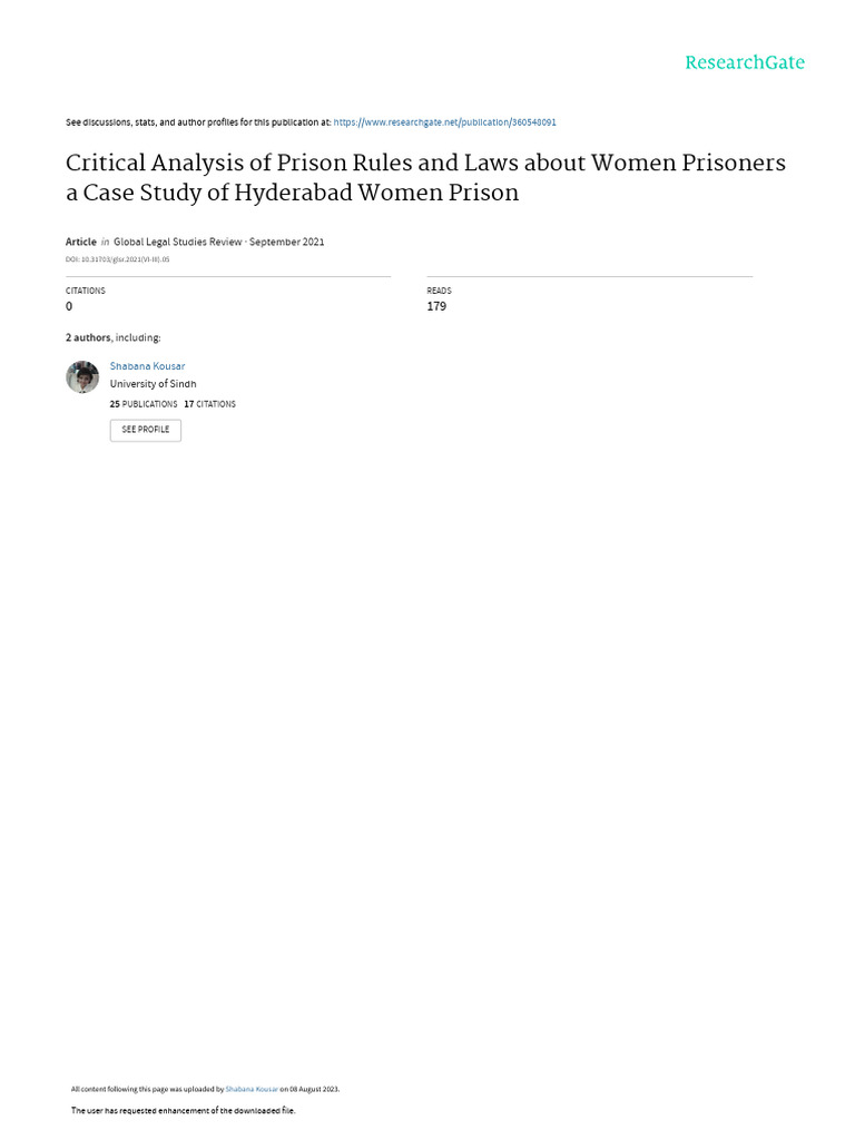 Critical Analysis of Prison Rules and Laws About Women Prisoners A Case ...
