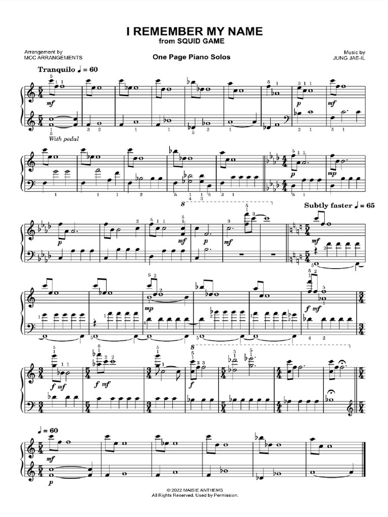 Jung Jae-Il, I Remember My Name (Squid Game OST) (Arr. MCC Arrangement ...