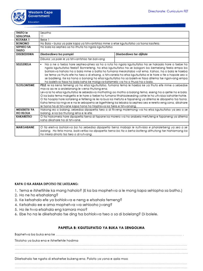 Sesotho HL Grade 11 Term 1 Week 1 - 2021 | PDF