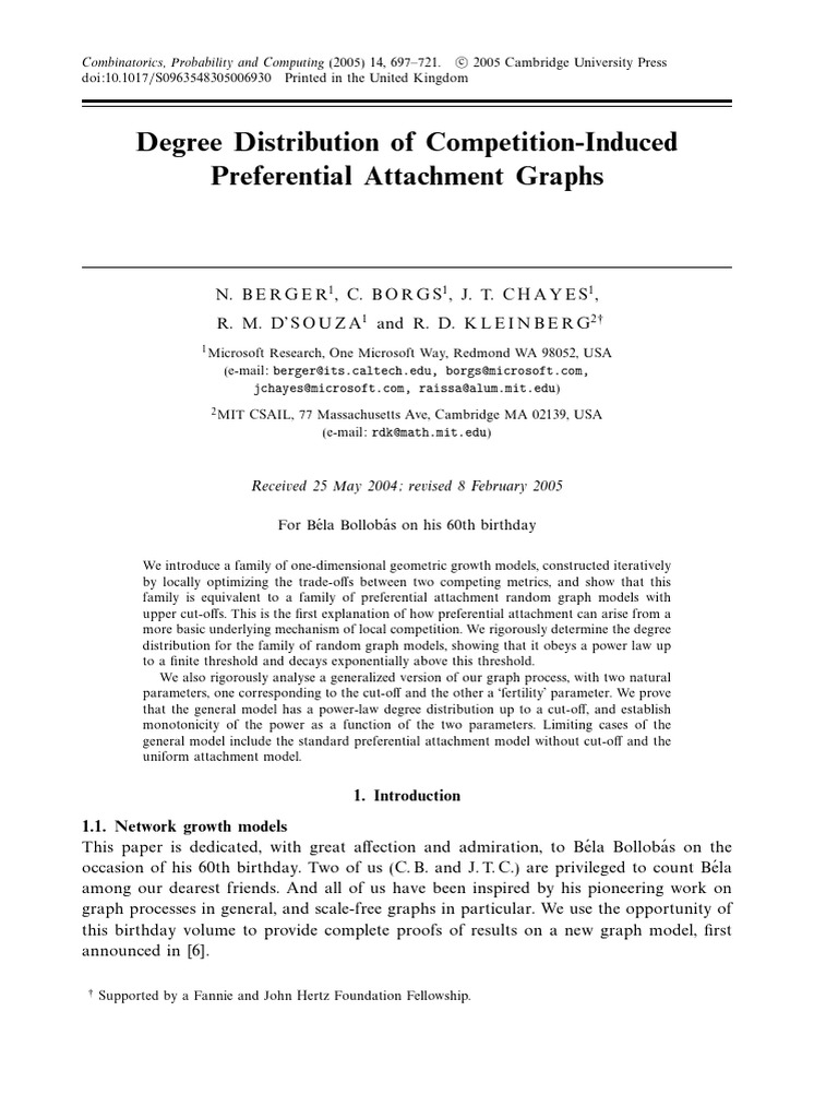 Berger05 Degree Distribution of Competition-Induced Preferential Attachment Graphs | PDF ...
