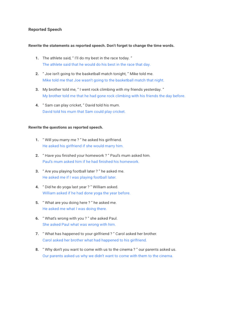 Reported Speech Exercises 1 4 | PDF