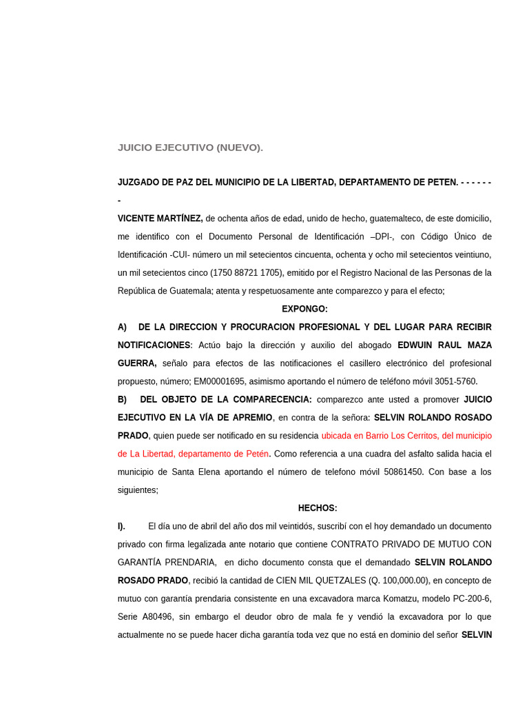 DEMANDA JUICIO EJECUTIVO DE COBRO de VICENTE MARTÍNEZ, CON DOCUMENTO PRIVADO | PDF | Demanda ...