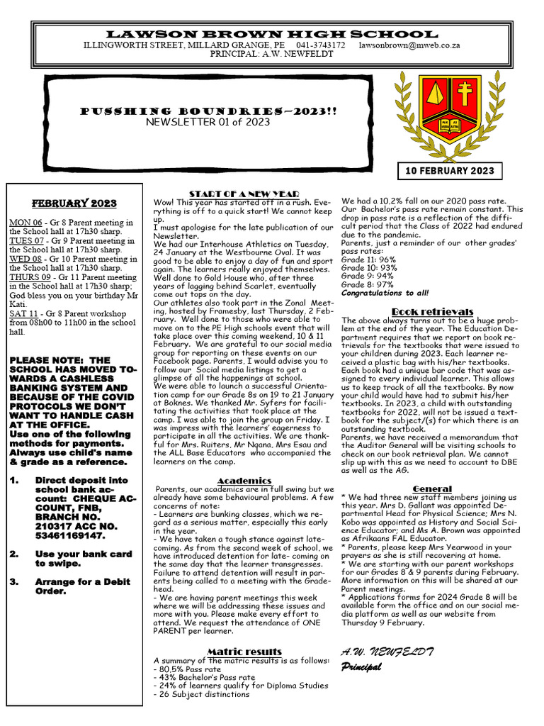 Lawson Brown High School Newsletter | PDF | Secondary Education | Banking