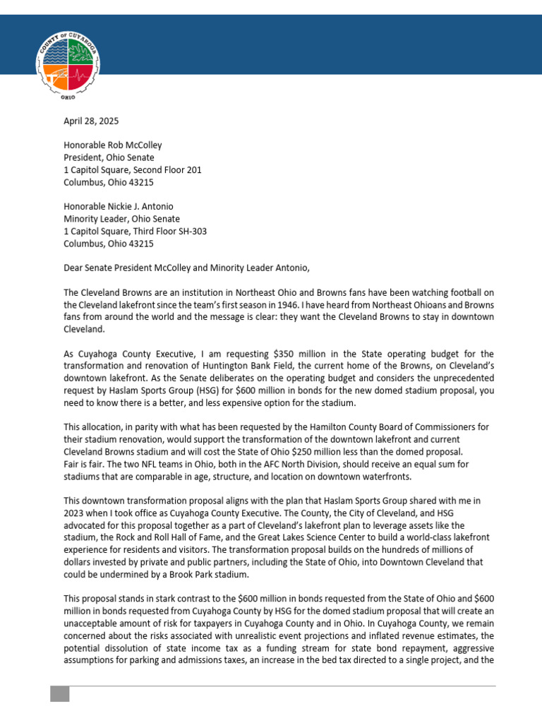 Cuyahoga County Executive Chris Ronayne Letter To Ohio Senate Re ...