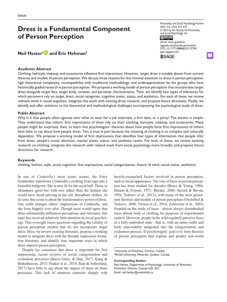 Dress Is A Fundamental Component of Person Perception - Neil Hester ...