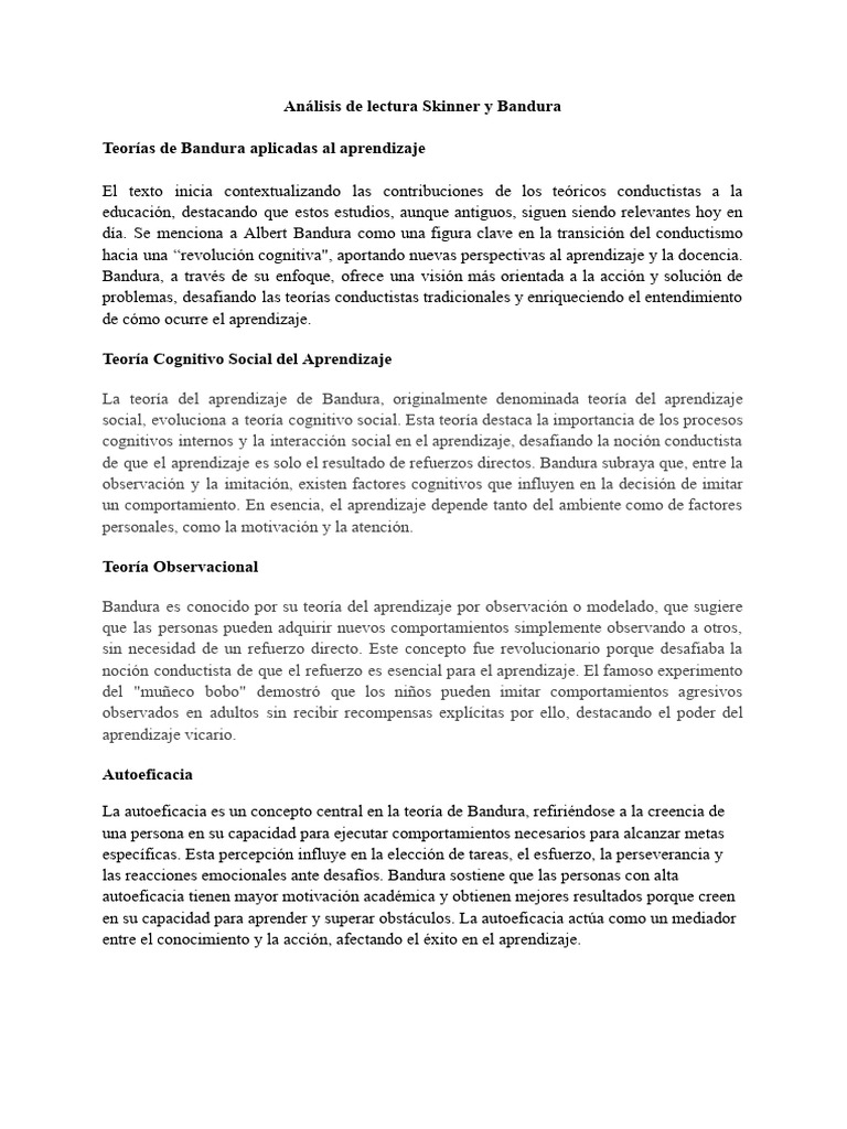 Análisis de Lectura Skinner y Bandura | PDF | Behaviorismo | Autoeficacia