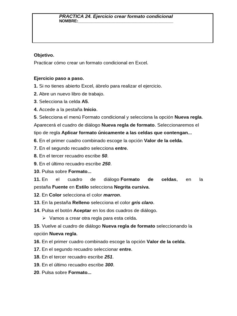 PRACTICA 24. Ejercicio Crear Formato Condicional | PDF