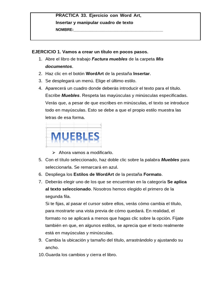 PRACTICA 33. Ejercicio Con Word Art, Insertar y Manipular Cuadro de Texto | PDF