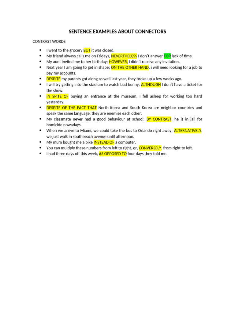 Connector Sentence Examples Guide | PDF
