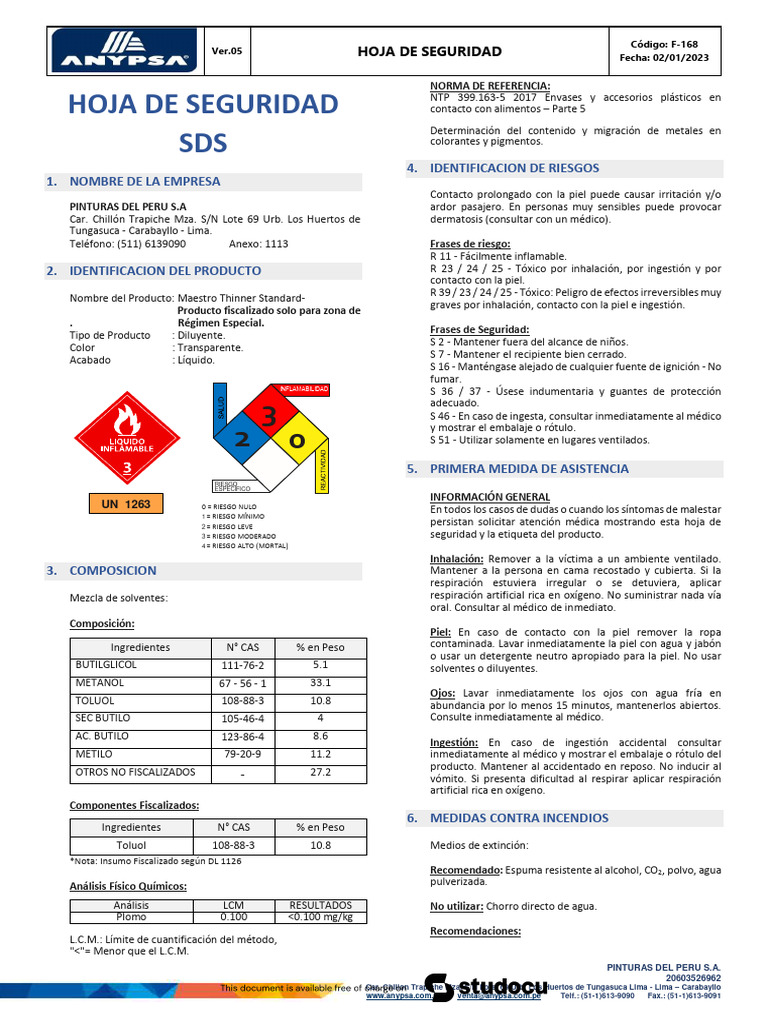 Hoja de Seguridad Thinner-Standard Hoja de Seguridad | PDF